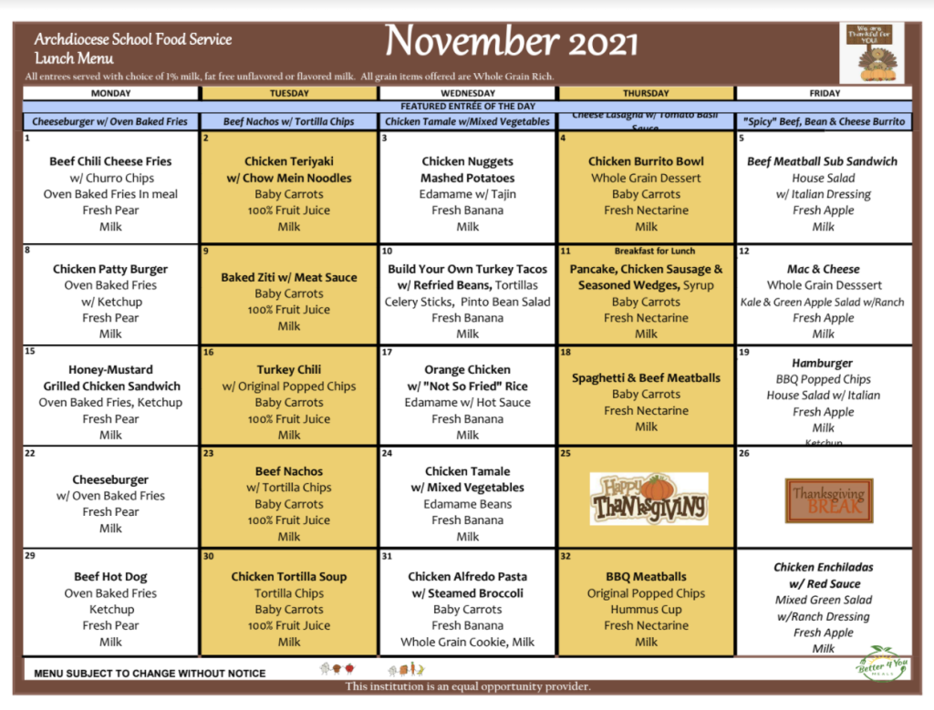 November Menu | San Miguel Catholic School