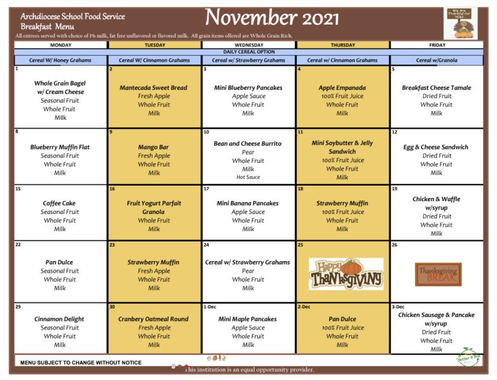 November Menu | San Miguel Catholic School