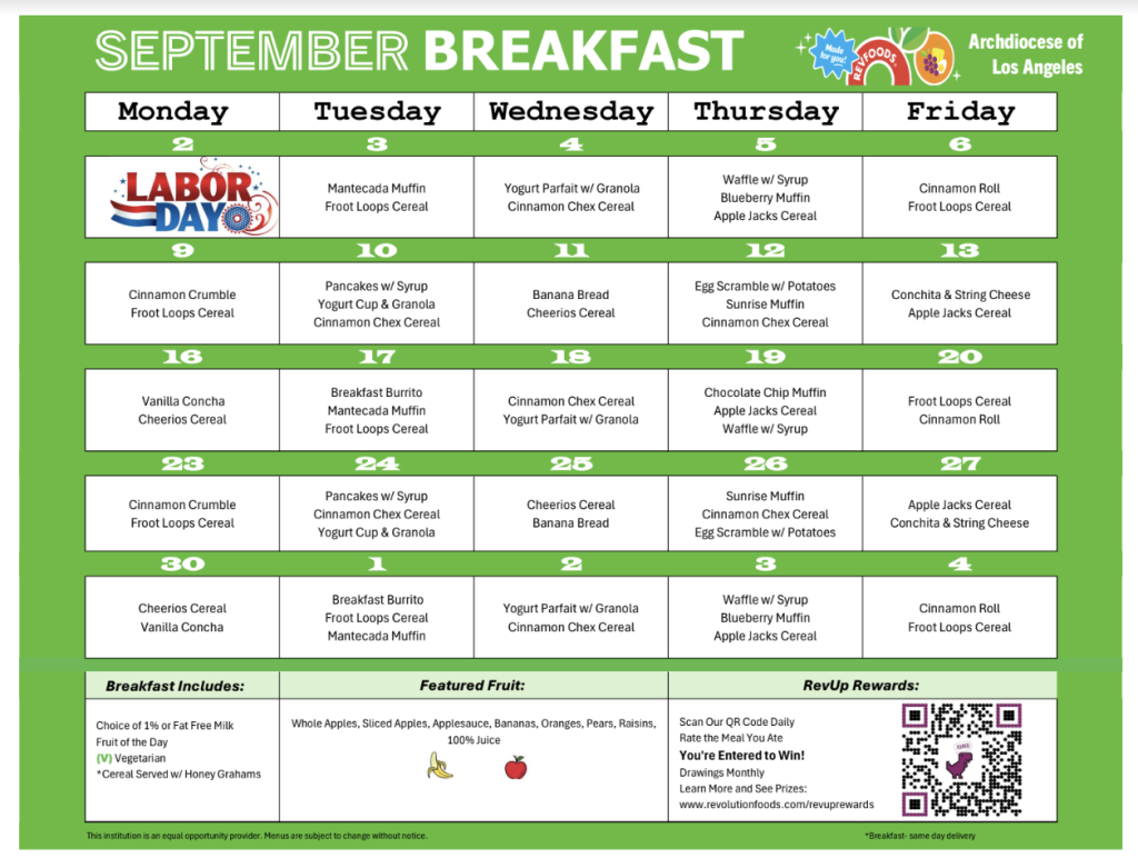 September Menus | San Miguel Catholic School