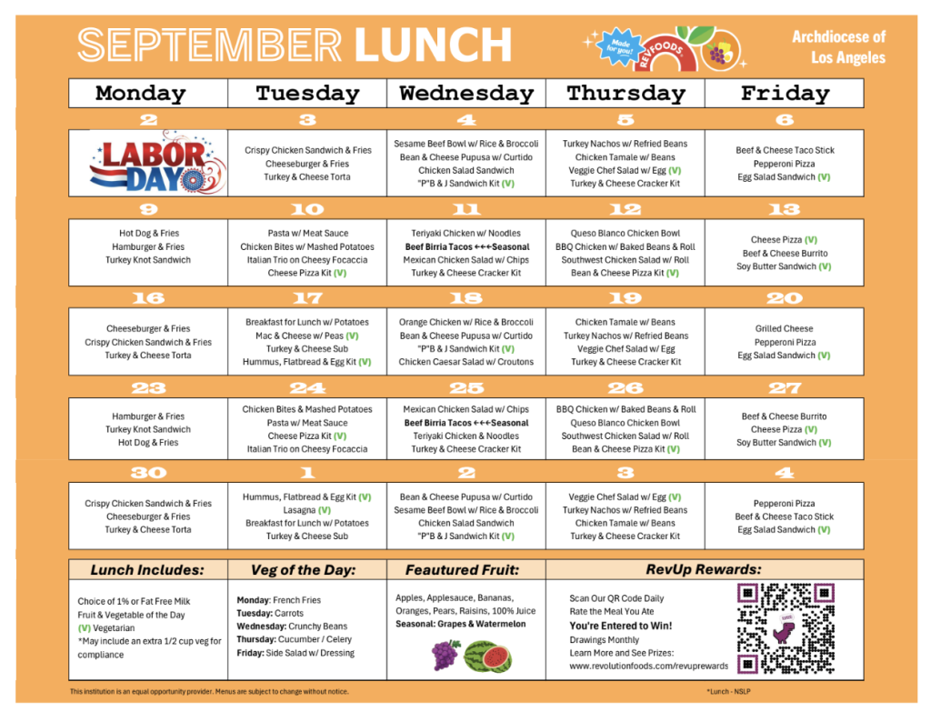 September Menus | San Miguel Catholic School